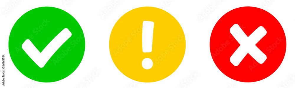 Сheck mark green, yellow exclamation sign and red wrong mark. Caution ...