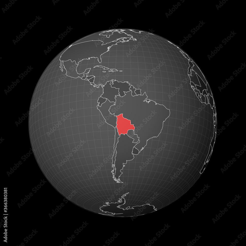 Dark globe centered to Bolivia. Country highlighted with red color on ...