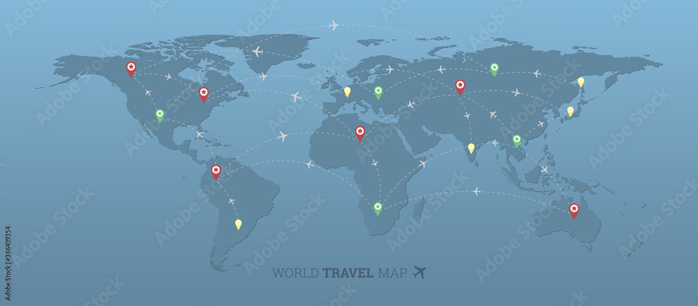 World travel map with airplanes flight routes and pin marker on ...