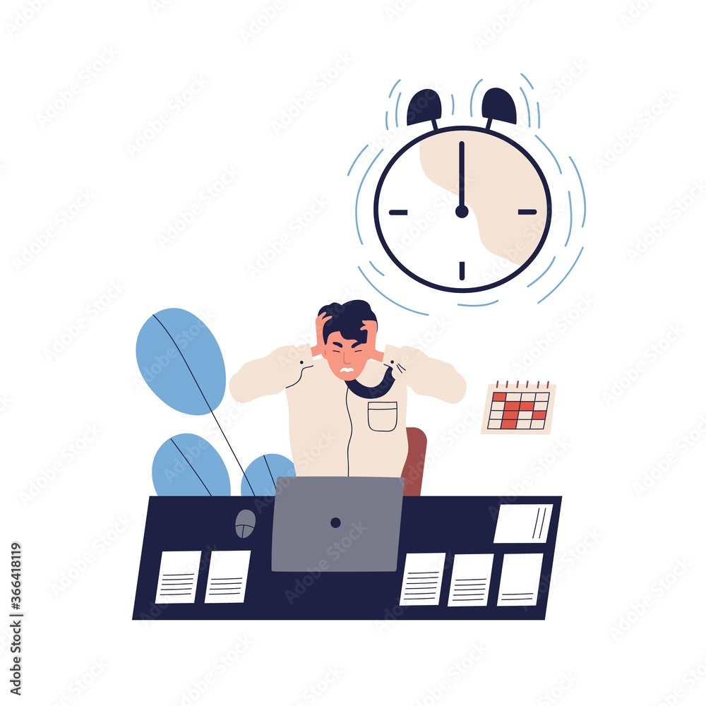 Concept of missing deadline, bad time management. Scene of tired ...