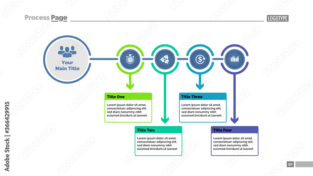 Ilustración de Stock Four steps process chart slide template. Business ...