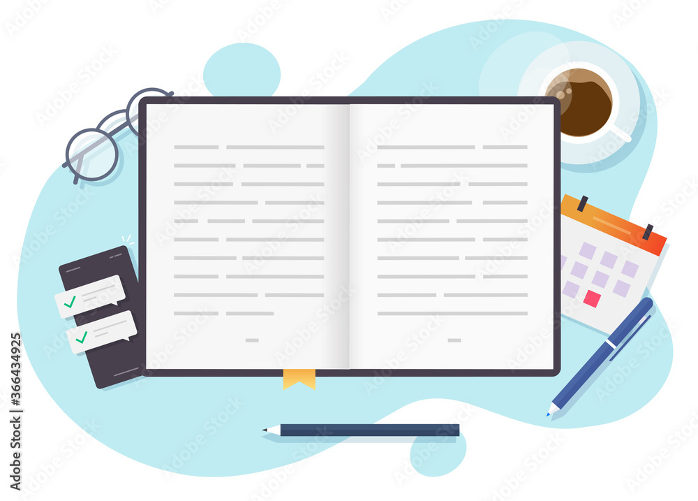 Reading paper book vector top view on table desk or learning and study ...