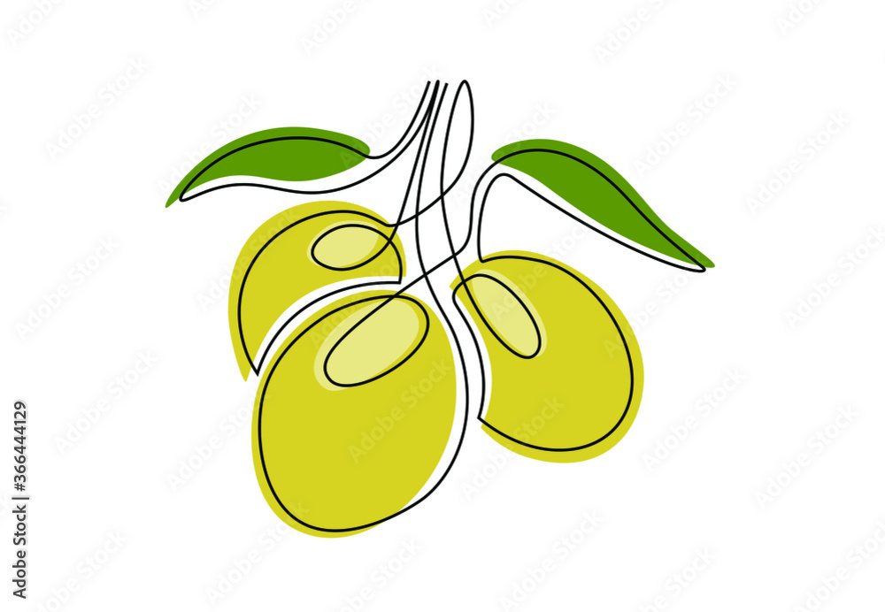 One line art drawing of olives for posters. Colorful olive branch for ...