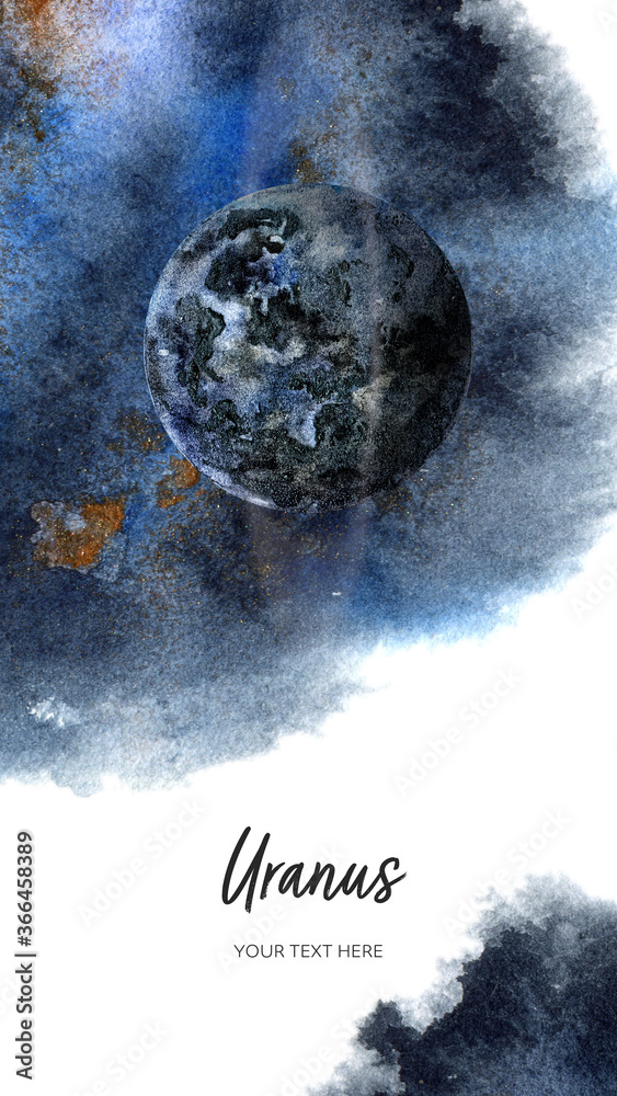Uranus planet vertical banner watercolor hand drawn illustration with ...