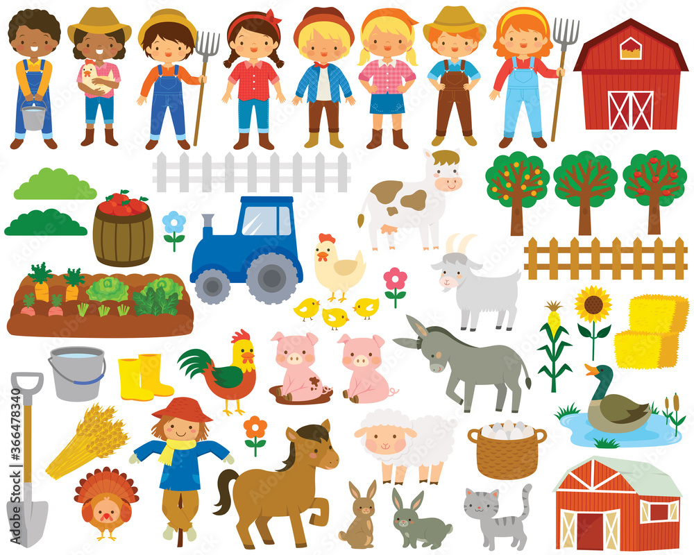 Farm life clipart set. Big collection of farm animals, farmers and ...