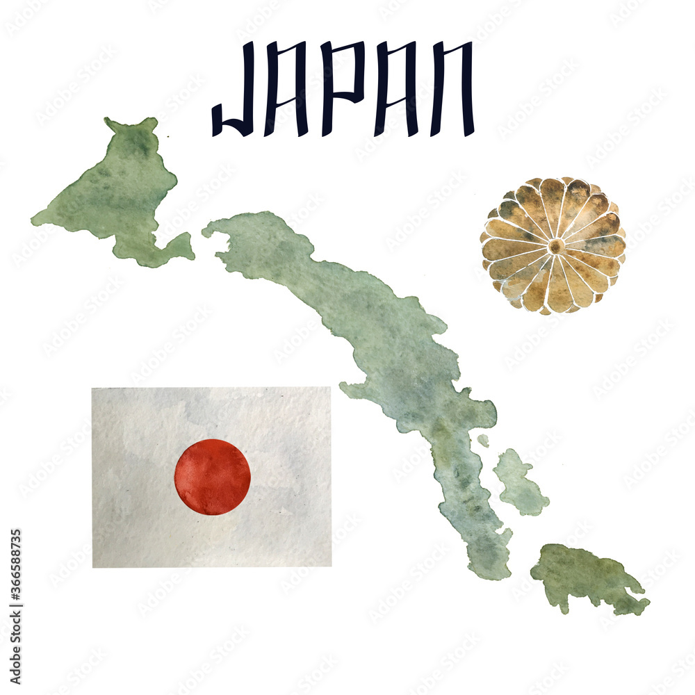 Japan travel and japanese culture set of watercolor illustrations ...