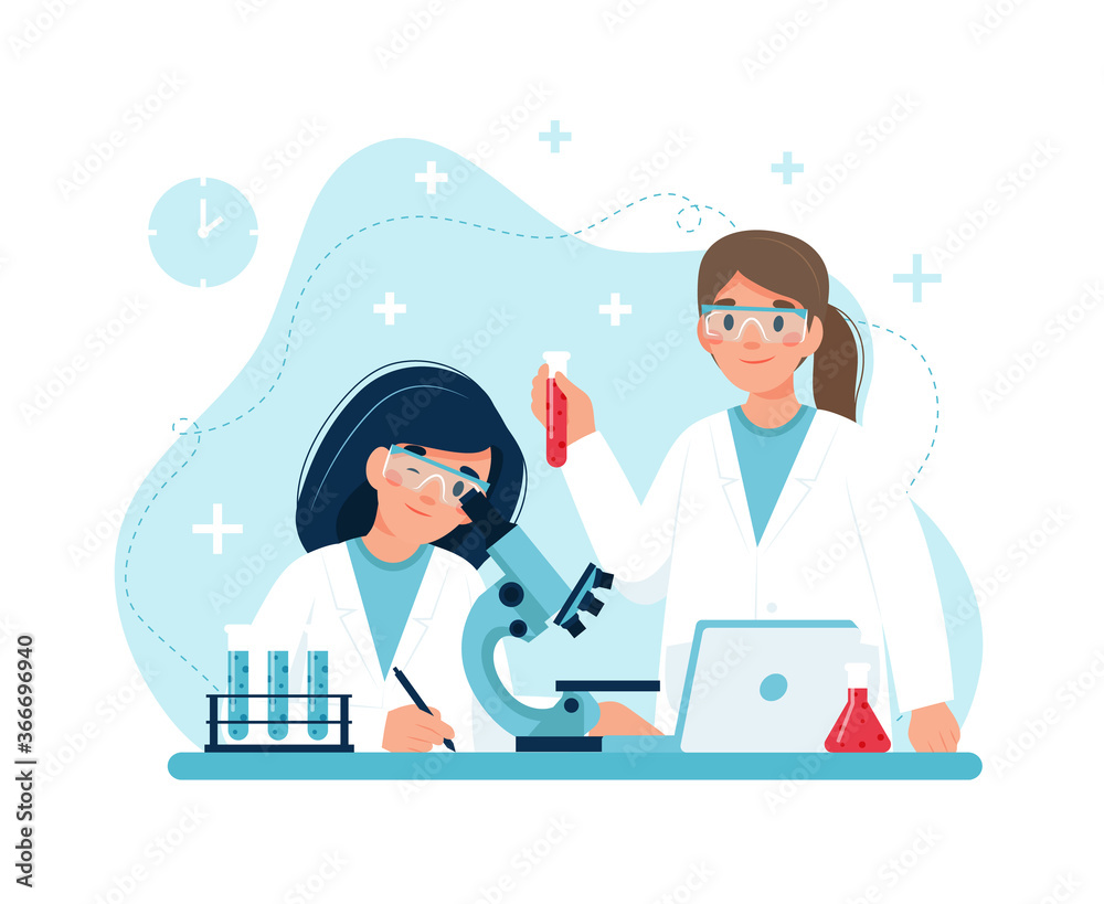 Scientist at work, characters conducting experiments in lab. Vector ...