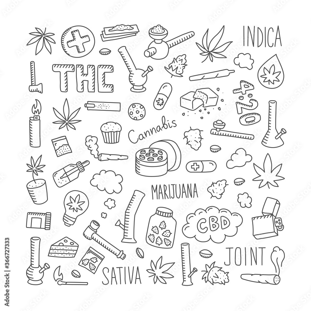 Cannabis doodles set. Hand drawn marijuana leaves, smoking pipes ...