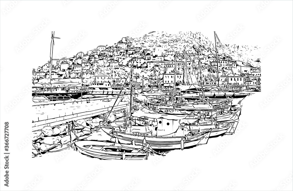 Building view with landmark of Hydra town is the capital and main ...
