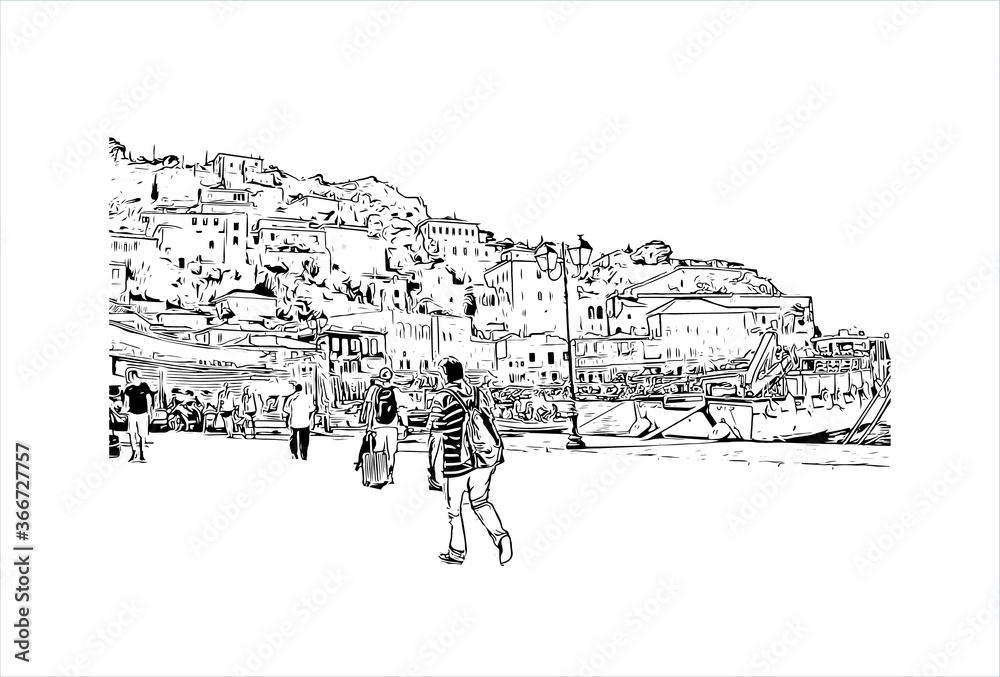 Building view with landmark of Hydra town is the capital and main ...