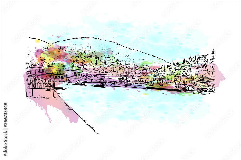 Building view with landmark of Hydra town is the capital and main ...
