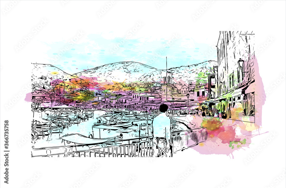 Building view with landmark of Hydra town is the capital and main ...