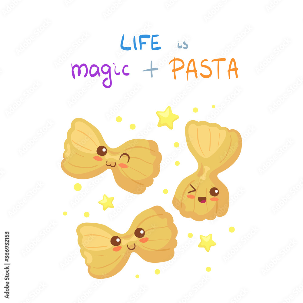 Kawaii cartoon Italian Pasta characters with funny faces. Cute happy ...