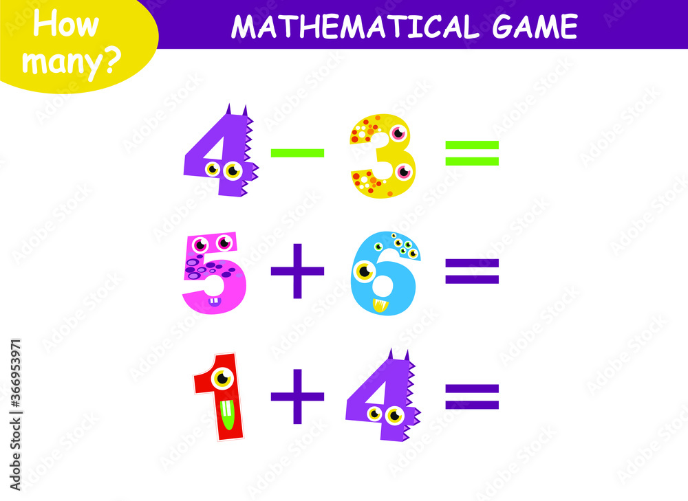 mathematical examples of addition and subtraction with cute monsters ...
