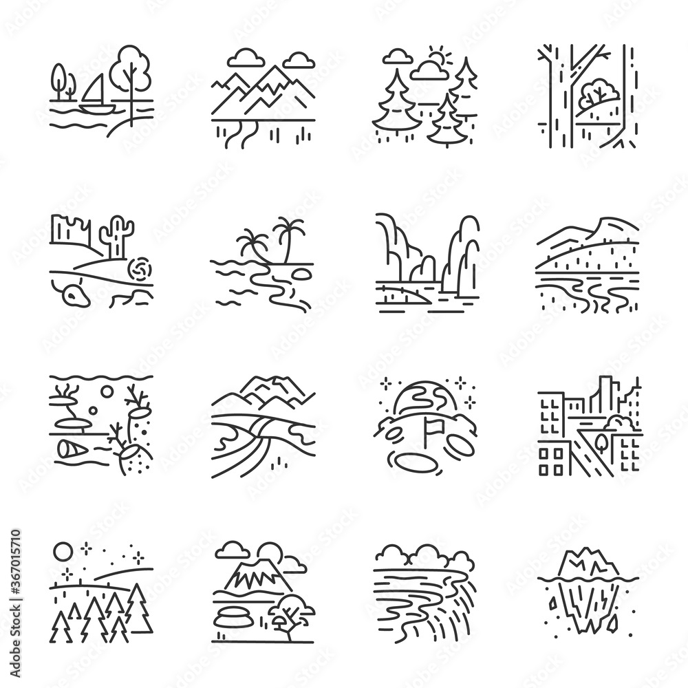Landscape, icon set. Various natural landscapes and landforms, terrain ...