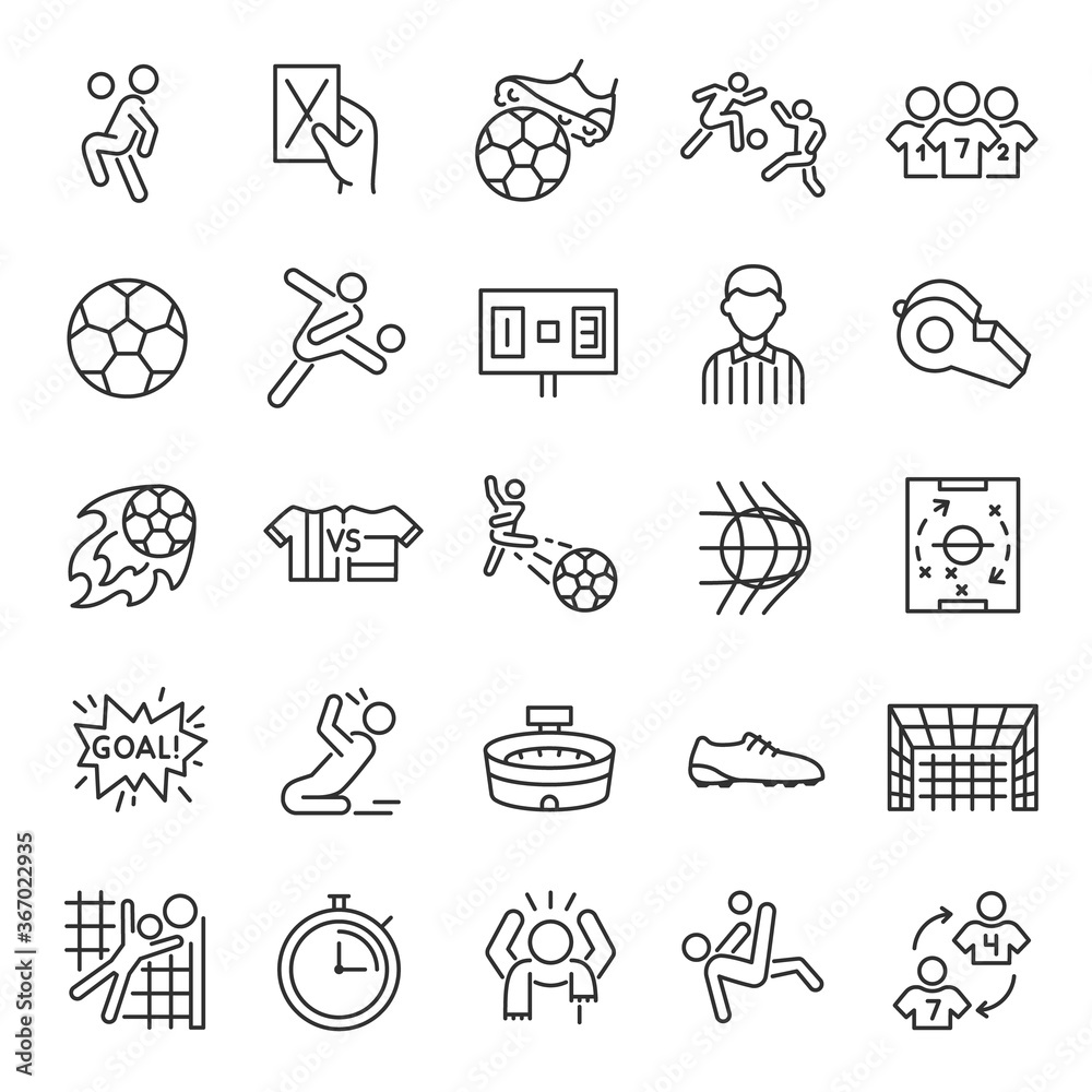 เวกเตอร์ Stock Football, icon set. Soccer. Kicking a ball, team, rule ...