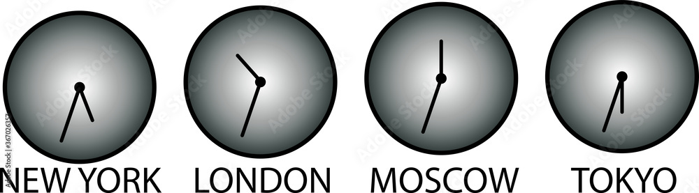 World time. Simple Clock icons in flat style.New York, London, Tokyo ...