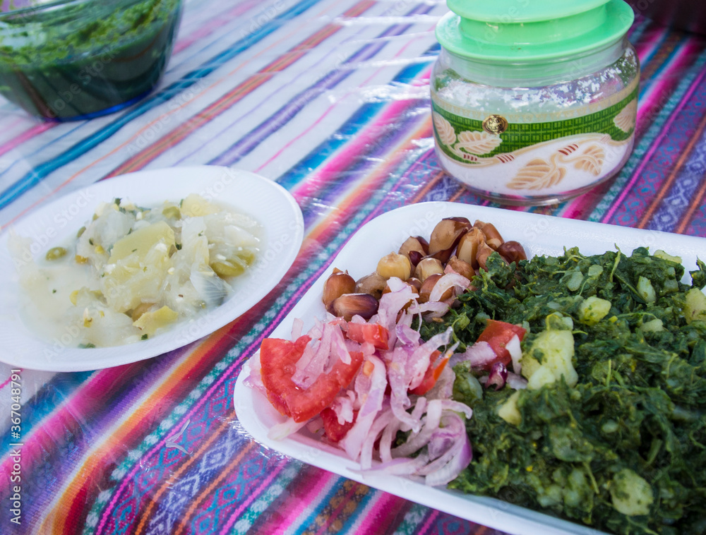 Typical Peruvian buffet lunch selections of pickled red onions (croilla ...