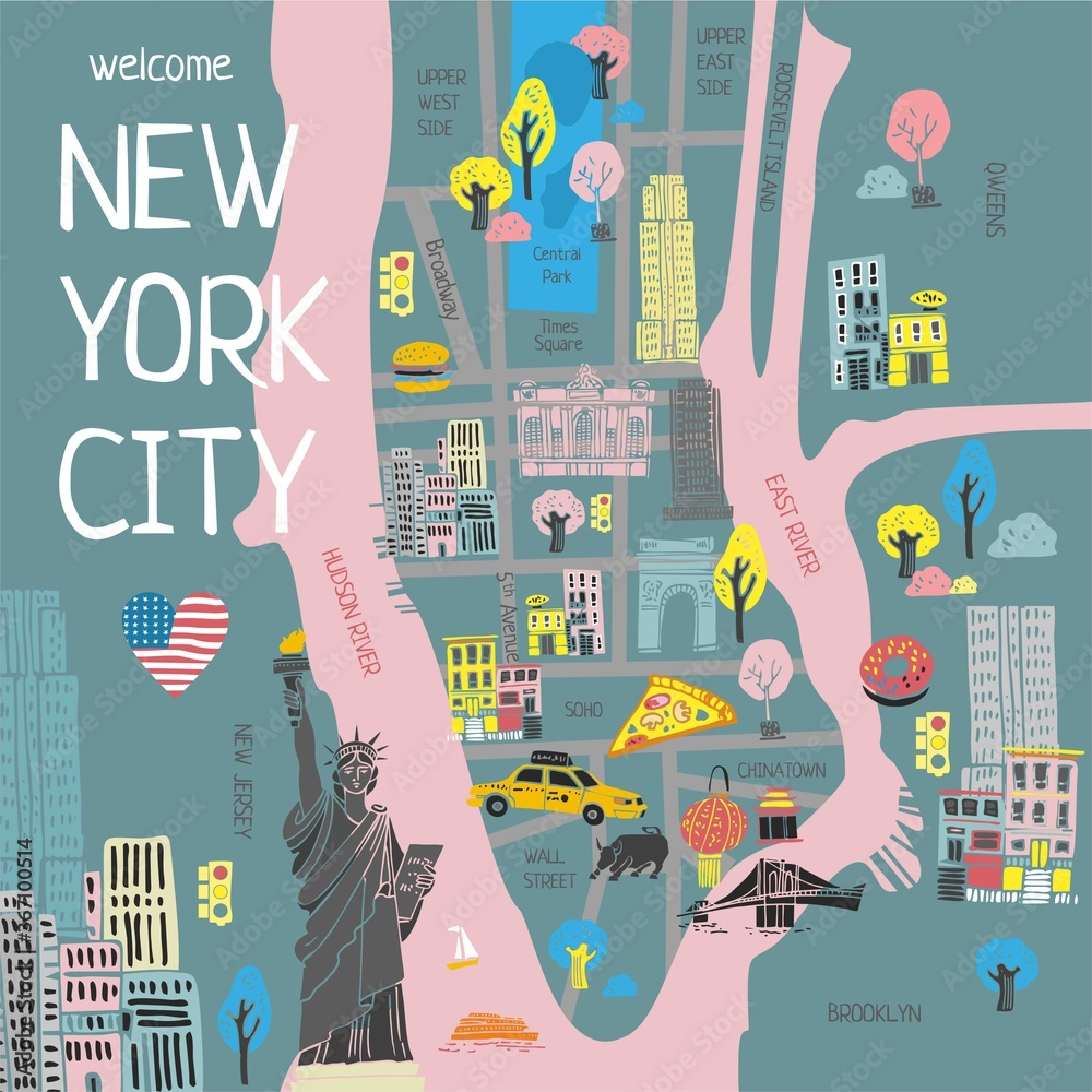 Color stylized tourist map of new York drawn by hand for travel guides ...