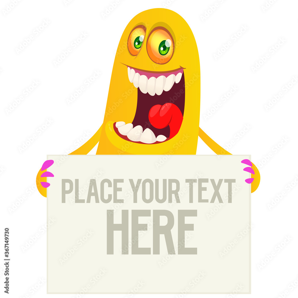 Catoon monster holding blank sign with sample message on it. Vector ...