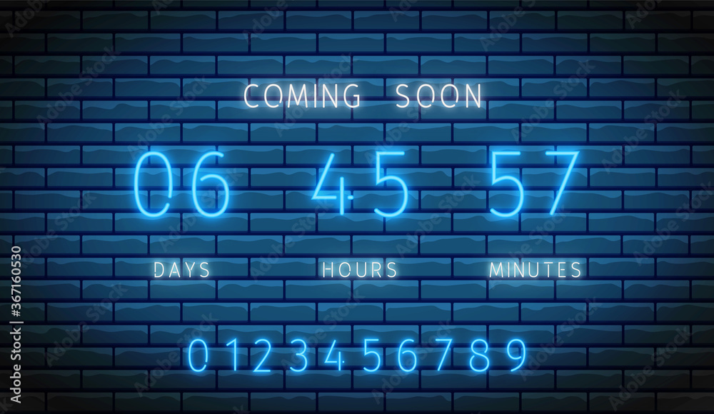 Countdown timer. Neon clock counter. Vector. Illuminated digital count down. Coming soon board ...