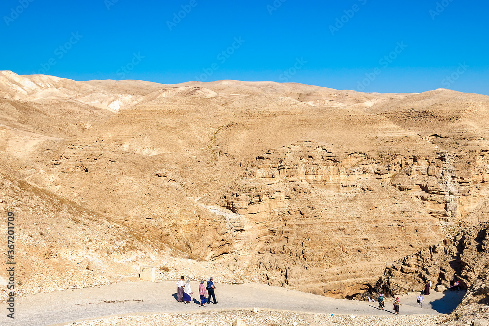 Hills and gorge Wadi Kelt in the Judean desert near the monastery of St ...