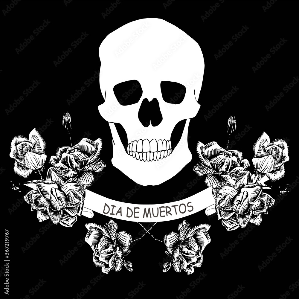 Dia de muertos banner. Skull anphase white rose hand drawn graphic ink ...