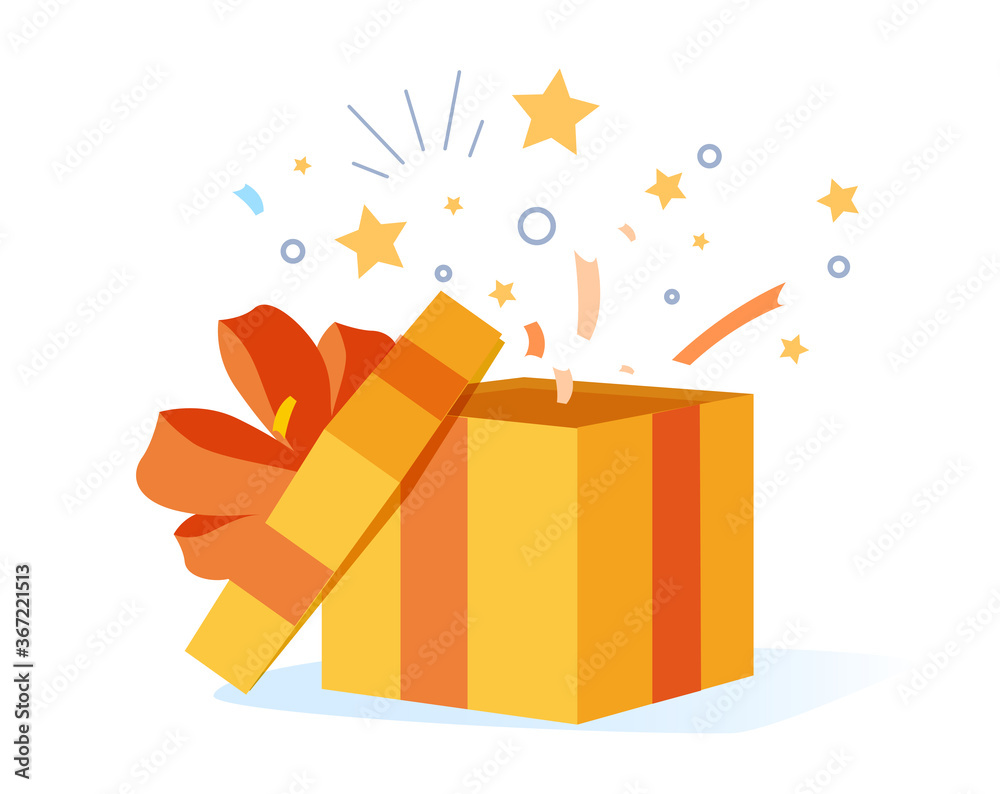 Congrats poster with open gift box, ribbons and confetti isolated on ...