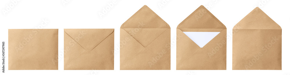 Brown envelope front and back isolated on white background. Letter top ...