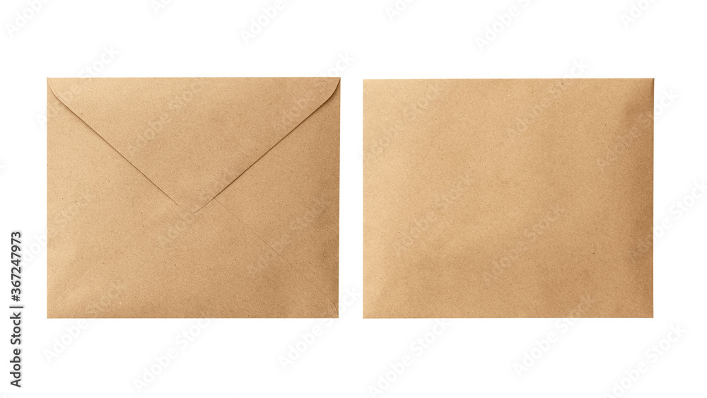 Brown envelope front and back isolated on white background. Letter top view. Object with ...