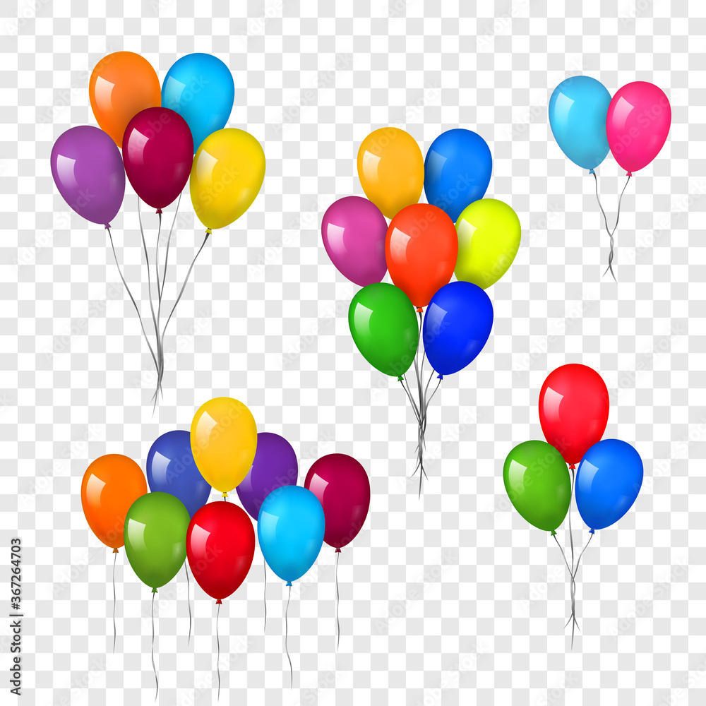 Balloons 3D bunch set, thread, isolated white transparent background ...