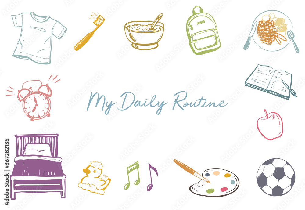 Kids Daily routine time activities. Cartoon doodle vector illustration ...