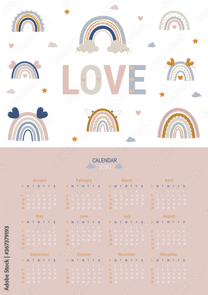 Vector de Stock Kids rainbow calendar for 2020 year. Cute Boho Rainbows ...