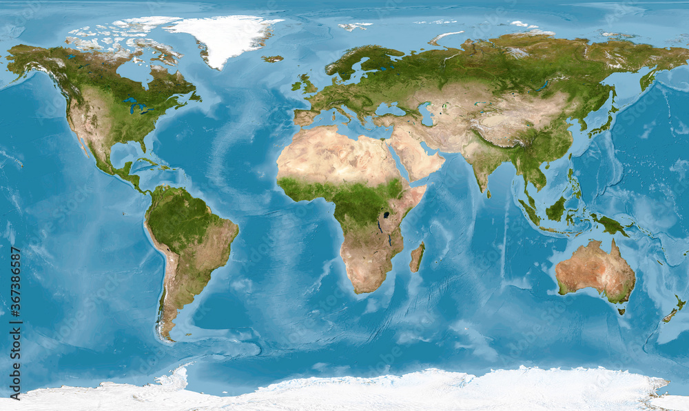 World map in satellite photo, Earth flat view from space. Elements of ...