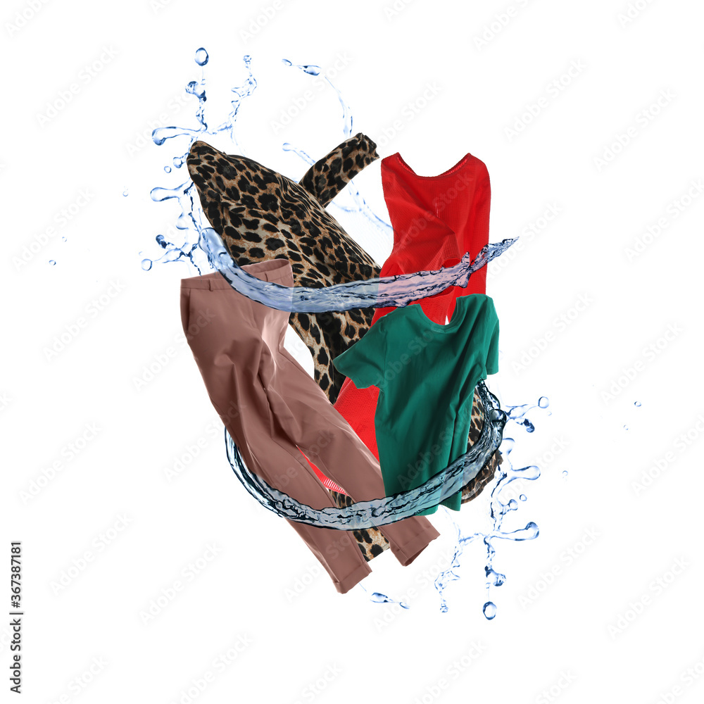 Water splash with different clothes isolated on white Stock Photo ...
