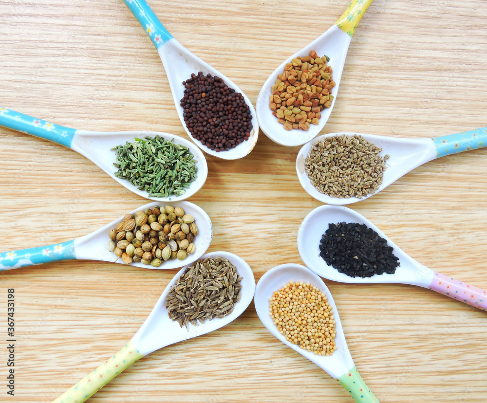 Commonly used whole spices in Indian cuisines. These include seeds of ...