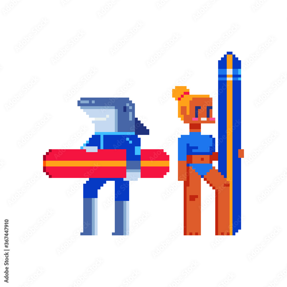 Surfing shark and girl with surfboard. Pixel art character. 80s style ...