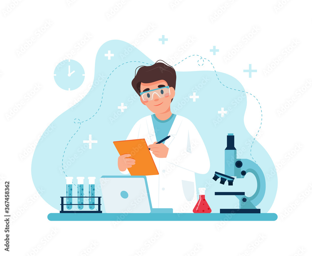 Scientist at work, male character conducting experiments in lab. Vector ...