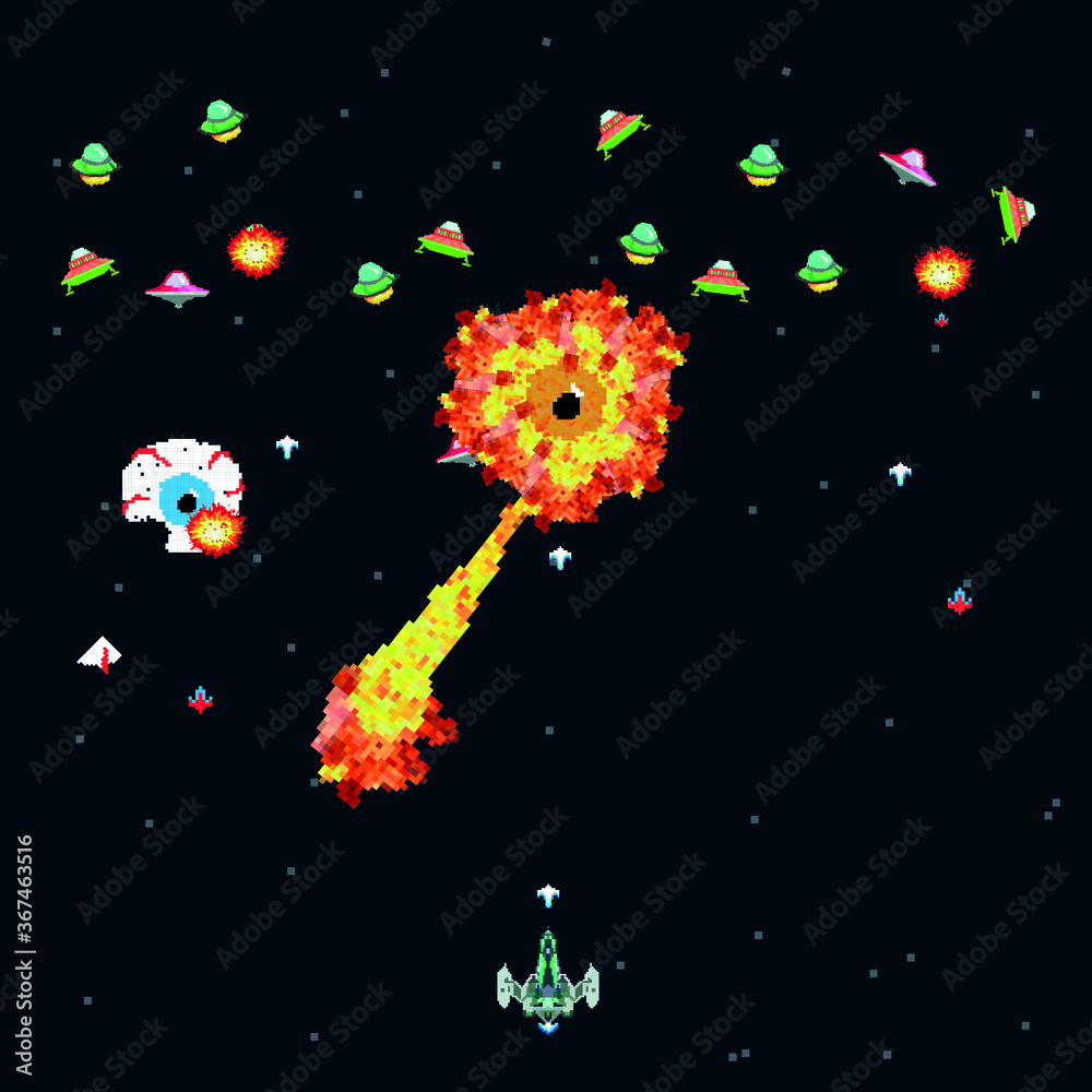 Boss battle in retro video games. military ships arcade, shooting, map ...