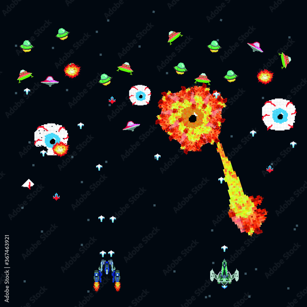 Boss battle in retro video games. military ships arcade, shooting, map ...