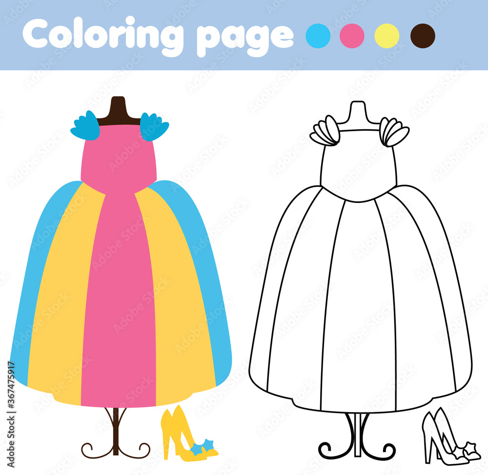 Coloring page with fashionable dress. Drawing kids activity. Printable ...