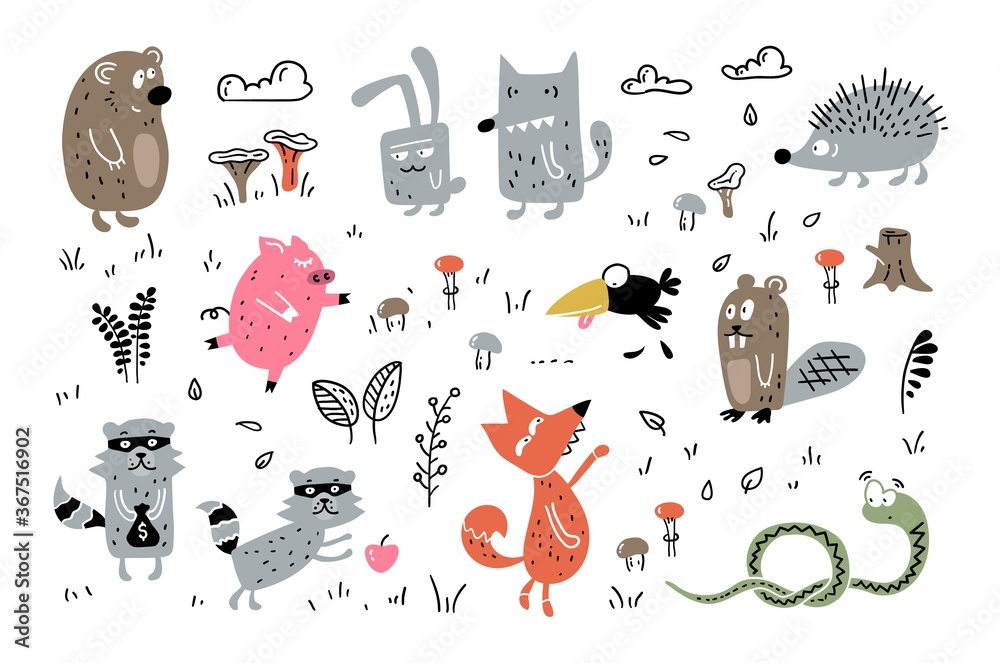 Childish cute animals. Cartoon hand drawn wild animals scandinavian ...