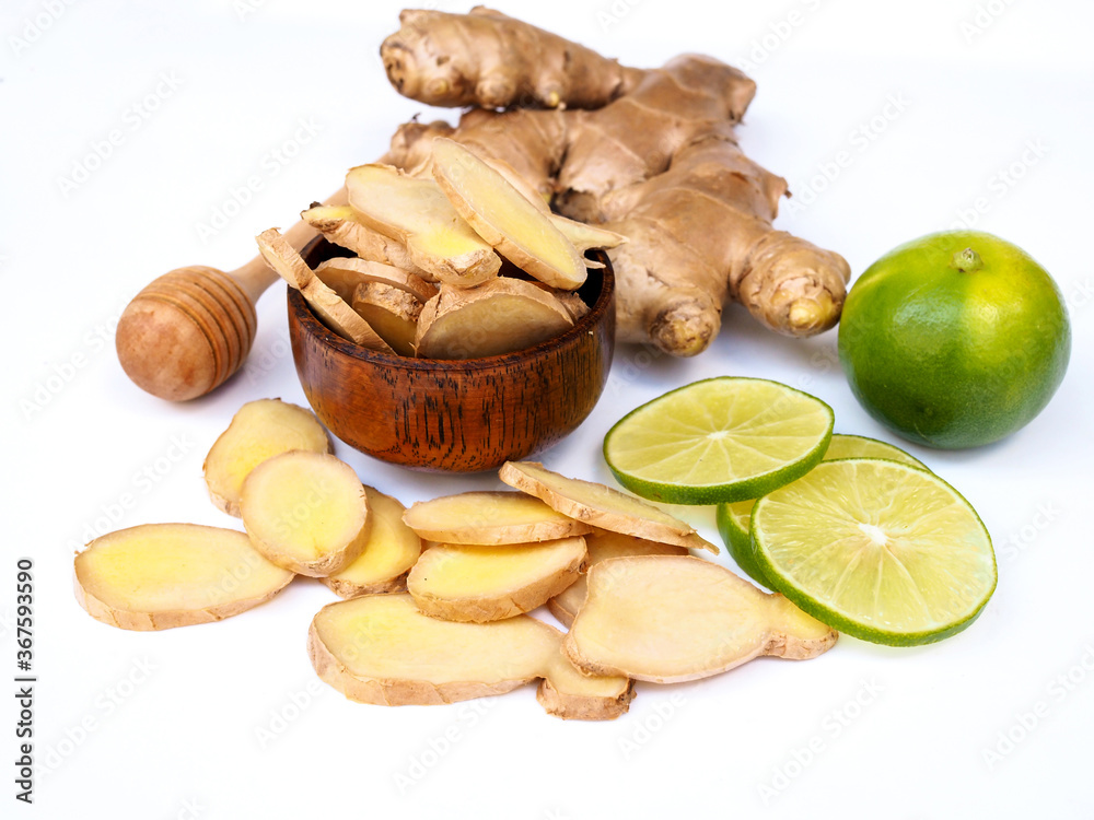 herbs and spices with ginger root and lime lemon citrus and honey ...