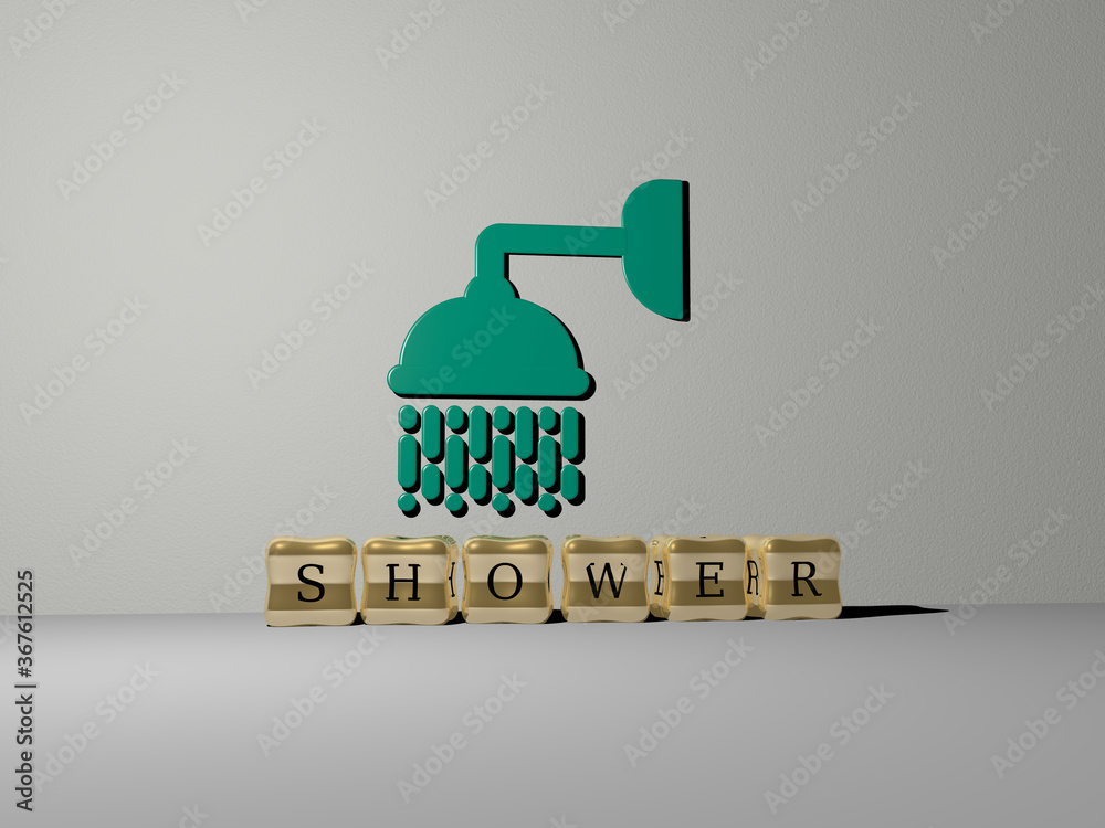 3D representation of shower with icon on the wall and text arranged by ...