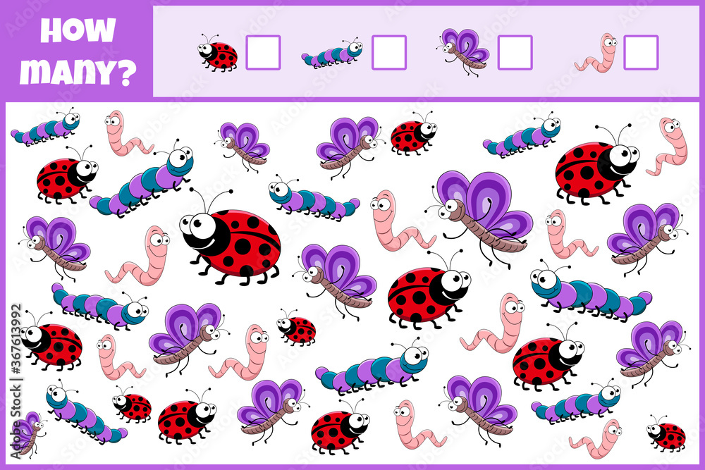 Educational mathematical game. Count the number of insects. Count how ...