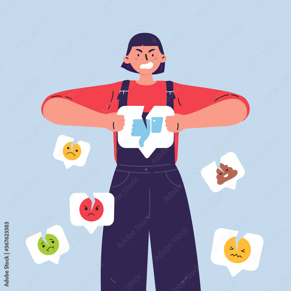 Angry woman with broken dislike icon.Girl breaks a dislike notification ...