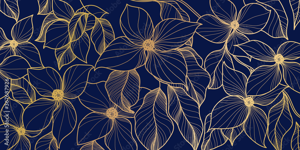 Glden flower and blue wallpaper. Elegant decorative floral pattern for ...