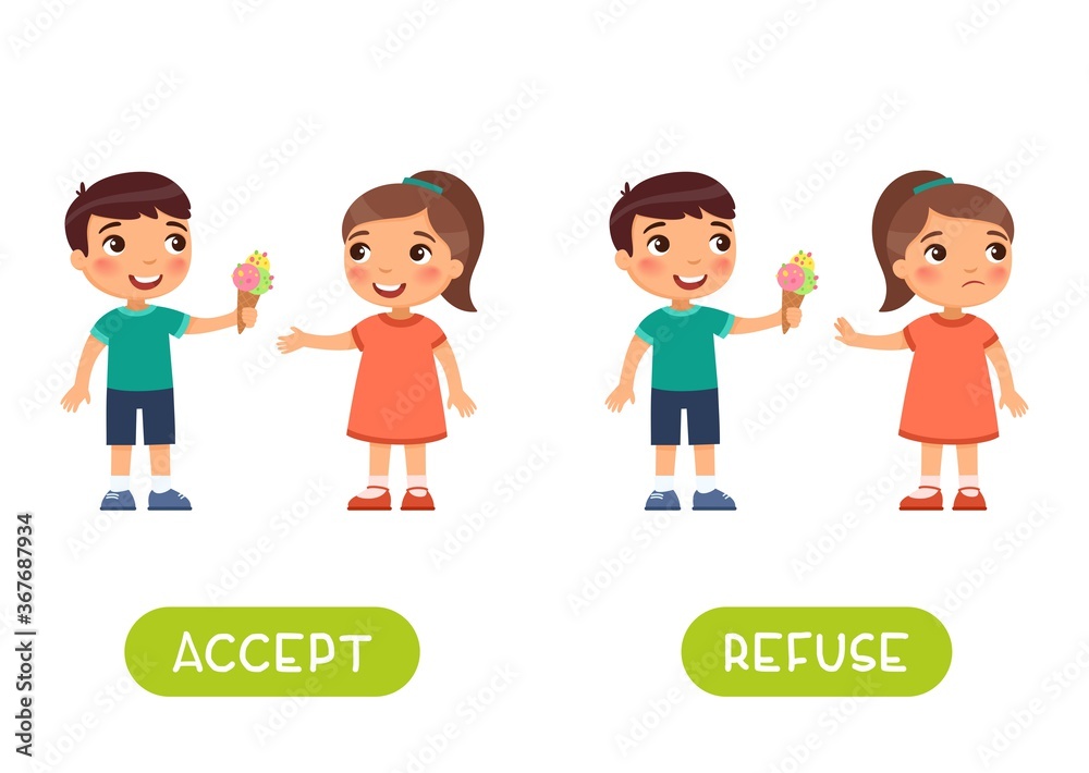 Accept and refuse antonyms word card vector template. Flashcard for ...