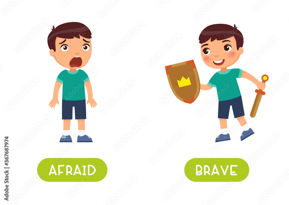 Afraid and brave antonyms word card vector template. Flashcard for ...