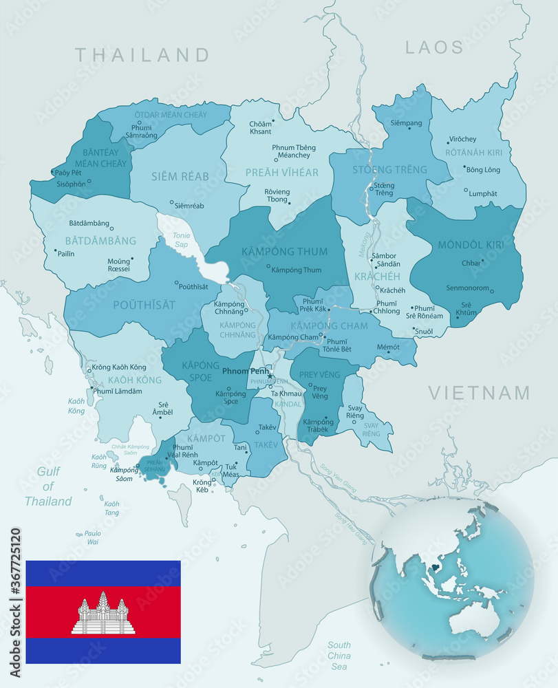 เวกเตอร์ Stock Blue-green detailed map of Cambodia administrative divisions with country flag ...